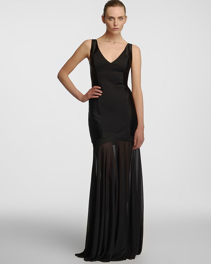 HALSTON HERITAGE HALSTON V Neck Charmeuse Contrast Ponte Gown ...
