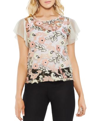 VINCE CAMUTO Sheer Sequined Floral Top | Bloomingdale's